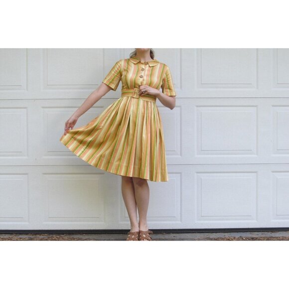 Dresses | 195s Citrus Colored Shirtdress Xs Striped Shirtwaist Dress ...